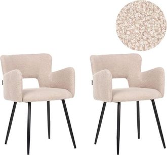Beliani Esszimmerstuhl 2er Set Beige Boucl&eacute; Stoffbezug mit Hohen Armlehnen Schwarzen Beinen aus Metall Modern Wohnzimmer Esszimmer K&uuml;che M&ouml;bel