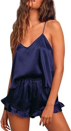 Generic Pyjama Femme Satin Pas Cher, Ensembles de Pyjama Femmes en Satin Lingerie Sexy Vêtements de Nuit Cami Shorts Col en V 2 Pièce Pyjama Femme en Satin po