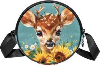Generic Sac &agrave; bandouli&egrave;re rond pour femme, motif cerf, tournesol, petit sac &agrave; bandouli&egrave;re avec fermeture &eacute;clair, bretelles r&eacute;glables, sac &agrave; main rond d&eacute;contra