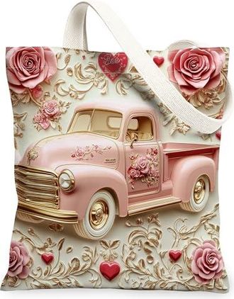 Generic Sacs fourre-tout en toile florale, joli motif de camion, sacs d&eacute;picerie r&eacute;utilisables, l&eacute;gers et lavables avec bandouli&egrave;re pour voyage, plage, pique-n