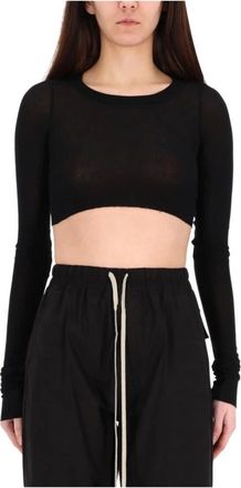 Rick Owens Femme, Tops, Noir, Taille: 38 FR Rib Knit Crew Neck Long Sleeves Cropped