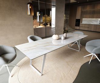 DELIFE Esstisch Edge 300x100 cm Keramik Onyx Pearl Metall Schr&auml;g Wei&szlig;, Esstische