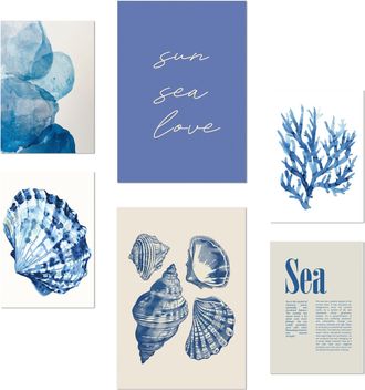 Nacnic Set mit 6 Postern Marineblau, Blau, Meer, Sommer Designillustrationen zur Dekoration der W&auml;nde Ihres Zuhauses. R&auml;ume A3 & A4 Rahmenlos