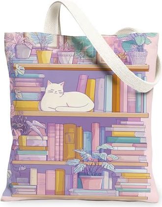 Generic Sacs fourre-tout en toile florale artistique, motif livre vintage, sacs dépicerie réutilisables, toile légère et lavable pour le shopping, les voyages