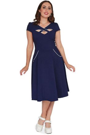 Voodoo Vixen A-Linien-Kleid Connie 1950s Contrast Piping Navy Vintage Rockabilly Retro
