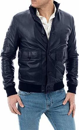 Rindway-IT Veste Bomber Avec Boutons En Cuir V&eacute;ritable Bleu Homme Slim Avec Poches Rindway, bleu fonc&eacute;, L