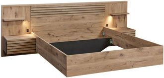 Altobuy Lit 180x200cm avec t&ecirc;te de lit chevets suspendus et &eacute;clairage int&eacute;gr&eacute; aspect bois et noir - NIKITA