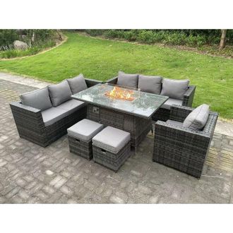 Fimous Rattan Gartenm&ouml;bel Sofa Set Outdoor Patio Gas Feuer Grube Esstisch Gas Heizung Brenner mit Sessel 2 Kleine Hocker 9 Sitz Dunkelgrau gemischt - Fimous