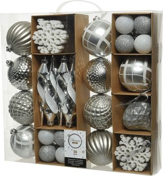 Decoris 50er Set bruchfeste Weihnachtskugeln weiß/Silber aus Kunststoff für innen und außen