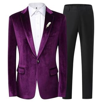 Generic Blazer en velours pour homme, coupe ajust&eacute;e, &agrave; un bouton, veste de costume avec pantalon habill&eacute;, veste de costume dhiver pour f&ecirc;te de mariage, d&icirc;ner,
