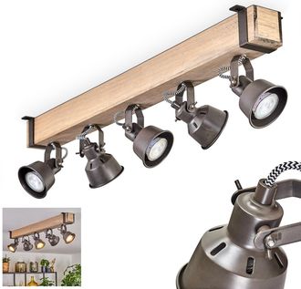 HOFSTEIN Deckenleuchte Pehefito, 5-flammige Deckenlampe aus Metall/Holz in Grau/Natur, verstellbare Leuchte im Industrial/Retro/Vintage-Design mit Holzbalken, 