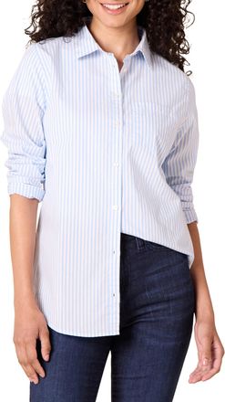 Amazon Essentials Damen Regular-Fit Langarm-Button-Down-Popeline-Hemd, Französisch Blau Weiß Streifen, XXL