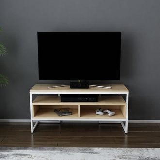 Hanah Home Stylish TV Stand, White & Oak, 110 cm x 35 cm x 49.9 cm | 100% Melamine Coated Particle Board, 18 mm Thick | Modern Design for Living Room & Entertain