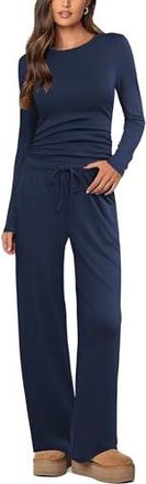 Ekouaer Pyjama Femme Hiver Ensemble à Manches Longues Loungewear Cintrée Vêtements dIntérieur Pyjamas avec Poches Confortable Doux, Bleu Marine M