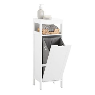SoBuy Meuble de Salle de Bain avec Panier à Linge - Armoire de Salle de Bain Compacte avec Sac Abattant - Meuble de Rangement Gain de Place en Bois, Blanc, 