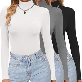 Ekouaer 3 Pi&egrave;ces Chemises Thermiques &agrave; Manches Longues pour Femmes Hauts Hiver Basiques &agrave; Col Roul&eacute; sous V&ecirc;tement Noir + Gris + Blanc XL