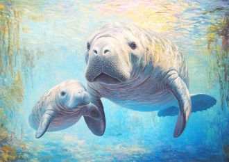 Calvendo Poster 42,0 x 29,7 cm Querformat Manatee mit Baby| Bilder, Kunstdruck, Wandbild, Wanddeko, Prints ohne Rahmen