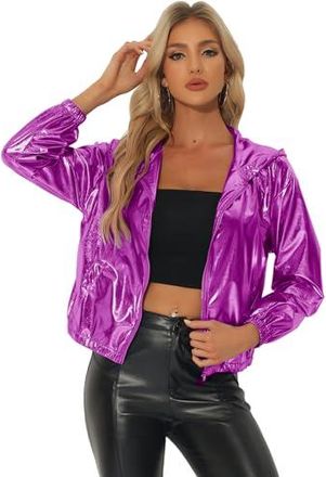 Allegra K Veste métallisée zippée à manches longues et à capuche holographique pour femmes Mauve L