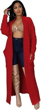 Generic Cardigan en tricot &eacute;pais pour femme, grande taille, pulls longs pour femmes, ouvert sur le devant, manches longues en tricot torsad&eacute;, Rouge, XXL