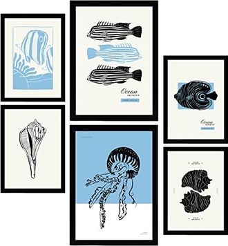 Nacnic Ensemble de 6 affiches &agrave; lencre noire. Cr&eacute;atures de loc&eacute;an. Impressions artistiques de la mer et de loc&eacute;an pour lam&eacute;nagement int&eacute;rieur et la d&eacute;coratio