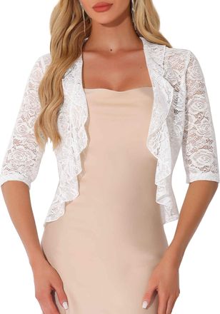 Allegra K Damen Hochzeit Spitze Festlich Bolero f&uuml;r Abendkleid 3/4-&Auml;rmel R&uuml;schen Eleganter Cardigan Wei&szlig; XL