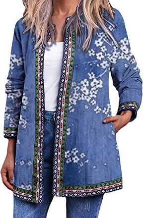 ORANDESIGNE Vestes Vintage Femme Style Ethnique Imprimé Floral Manteau Chic Boho Impression de Fleurs Cardigan avec Poche O Bleu XL