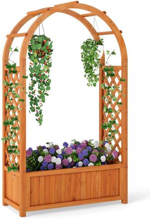 Costway Costway - Bac de Jardin Surélevé avec Treillis & Toit Enveloppé Doublure, Jardinière en Bois pour Plantes Grimpantes Fleurs Herbes