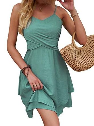 Cupshe Mini robe portefeuille pour femme avec ourlet volanté, bretelles caraco réglables, fermeture éclair, style décontracté, robe de fête de mariage, vert 