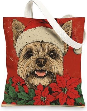 Generic Sac fourre-tout r&eacute;utilisable en toile pour faire du shopping Motif chien Yorkies de No&euml;l 33 x 38 cm