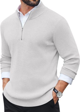 Coofandy Pullover Herren Zip Pullover Strickpullover Rollkragenpullover Langarm Winterpullover Feinstrick Sweater M&auml;nner Pulli Wei&szlig; 3XL