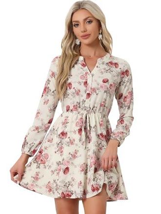 Allegra K Femmes Robe Chemise Vintage Imprim&eacute; Floral Col V Boutonn&eacute; Taille &Eacute;lastique Beige fonc&eacute; S