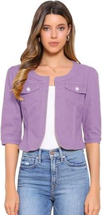 Allegra K Veste en Jean pour Femme Sans Col à Manches 3/4 Devant Ouvert Blouson en Demin Délavé Mauve S
