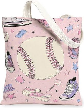 Generic Sacs fourre-tout en toile de sport, baskets r&eacute;tro et motif baseball, sacs d&eacute;picerie r&eacute;utilisables, l&eacute;gers et lavables, p&ecirc;che, 13x15 Inch