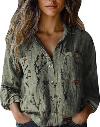 Generico Femme Chemise D&eacute;contract&eacute;e &agrave; Manches Longues Chemisier en Lin Coton Curvy Respirant T Shirt Col en V L&eacute;ger Chemises Vintage Imprim&eacute; Boutons Classique 