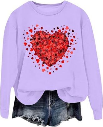 Generic Pull Femme Coeur Imprim&eacute; Sweatshirt Saint-Valentin T-shirt &agrave; manches longues d&eacute;contract&eacute; Col rond Pull &eacute;l&eacute;gant sans capuche Manches longues T-shirt l&eacute;