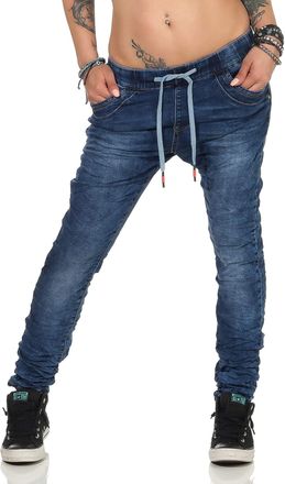 Fashion4Young 3913 Damen Jeans Hose Boyfriend Haremsjeans Gummibund Jogg-Pants R&ouml;hrenjeans Slim-Fit (Dunkelblau, XS-34)
