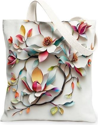 Generic Sac fourre-tout en toile de fleurs de magnolias printaniers pour le shopping, 33 x 38 cm, papier d&eacute;coup&eacute; r&eacute;utilisable, motif floral, sac d&eacute;picerie pou