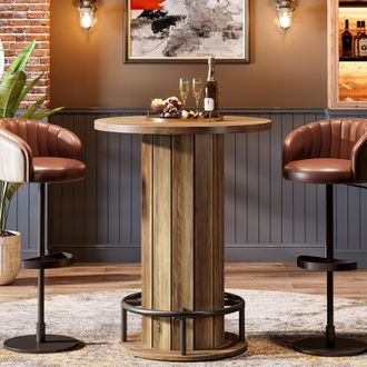 Tribesigns Runder Stehtisch, 100 cm hoch, Holz-Bistro-Kneipentisch mit Fu&szlig;st&uuml;tze aus Metallring f&uuml;r Esszimmer, Kaffee, Cocktail, Braun (nur Tisch)