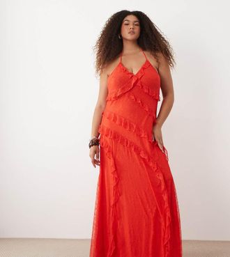 Forever New Robe longue dos nu en dentelle &agrave; volants - Rouge