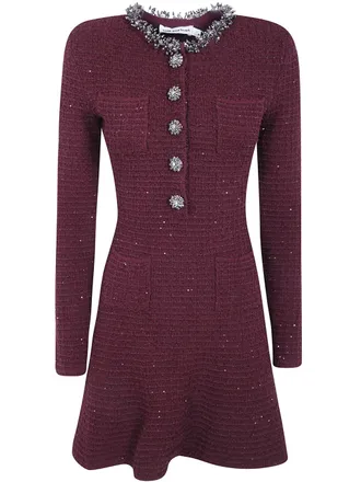Self Portrait Mini Dress Textured Knit Burgundy Textured Knit Embelli