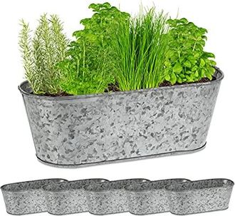 Relaxdays Zinkwanne 6er Set, Verzinkte Pflanzschalen, ovale Eisenwannen für draußen, HxBxT: 11 x 30,5 x 13,5 cm, Silber