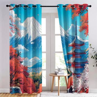 Generic Bedruckte Verdunkelungsvorh&auml;nge Japanischer Stil Tempel Schneeberg mit &Ouml;sen Blickdicht Thermo Isoliert Gelb Blau Vorh&auml;nge Privatsph&auml;re Sch&uuml;tzende Gard