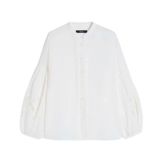 Max Mara Femme, Blouses et Chemises, Blanc, Taille: 42 FR Chemise en lin avec col mandarin et manches brod&eacute;es