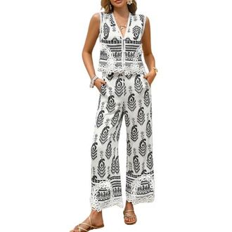 Generic Ensemble deux pièces pour femme - Tenue dété - Imprimé bohème - Gilet sans manches à boutons et pantalon large - Ensemble assorti, abricot, XL