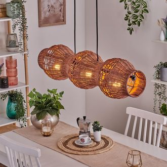 HOFSTEIN Pendelleuchte Cardeira, 3-flammige H&auml;ngelampe aus Metall/Rattan in Schwarz/Natur/Braun, H&auml;ngeleuchte im skandinavischen Design, Boho-Style, max. 170 c