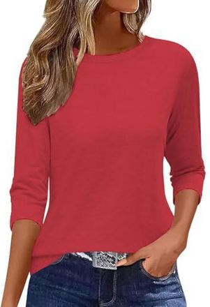 Minetom T-Shirt Col Rond à Manches 3/4 pour Femme Coupe Classique Ample Léger Pull Décontractés Chic et Elegant Basic Top Haut A Rouge XL