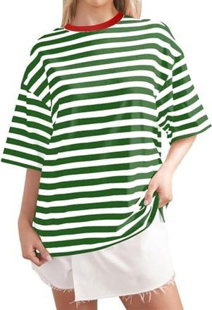 Generic T-shirt &agrave; rayures d&eacute;contract&eacute; pour femme avec col rond et manches courtes pour le printemps. T-shirt ray&eacute; minimaliste et confortable, vert, M