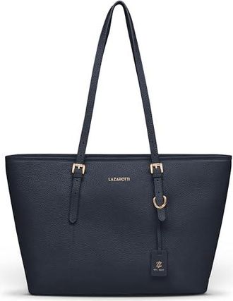 Lazarotti Bologna Grand sac cabas pour femme en cuir véritable | Sac fourre-tout avec bretelles réglables en longueur | Sac bandoulière 35 cm, bleu marine, L