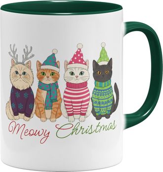 OM3 Meowy Christmas Kaffee-Tasse mit süßen Kätzchen - Weihnachtstasse 4 niedliche Katzen IV - Keramik Becher - 325ml - Beidseitig Bedruckt - Grün