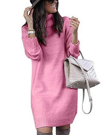 Minetom Pull Robe en Maille Courte Femme Automne Hiver Manche Longue Casual Mini Dress Col Roul&eacute; Tricot Chandails El&eacute;gant Oversize L&acirc;che Pullover Rose 38